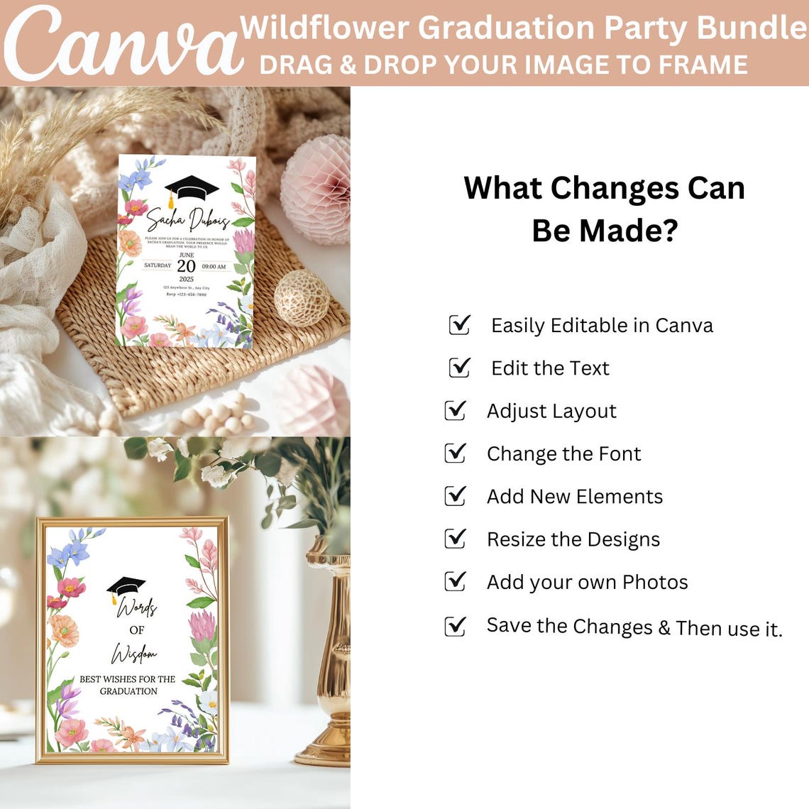 Wildflower Graduation Party Invitation Editable Canva Bundle ...