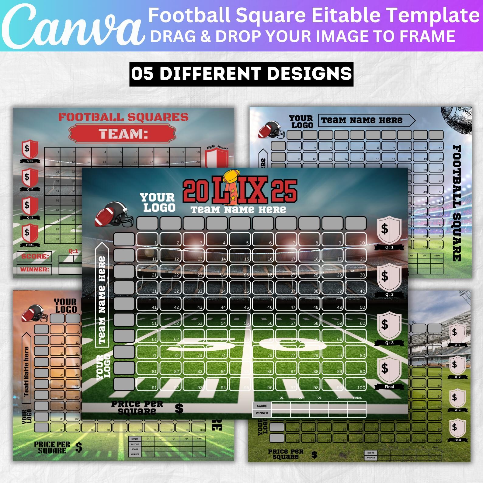 Football Squares Canva Editable Template, 100 Super Big Game Squares ...