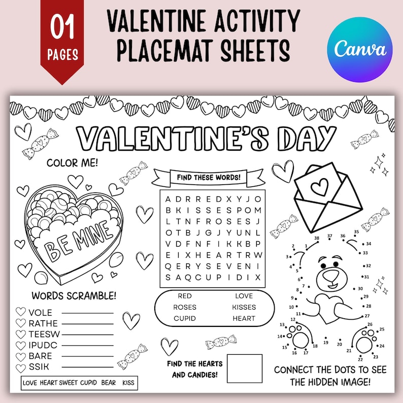 Valentine's Day Placemat Sheet, Kids Valentines Coloring Page, Kids ...