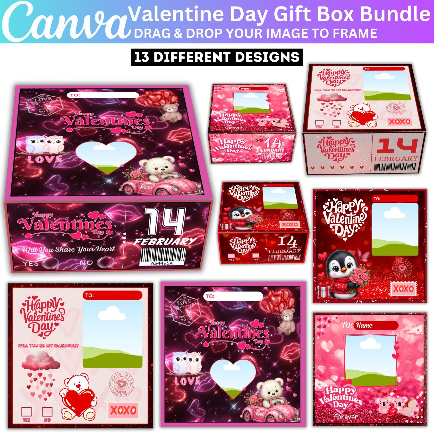 13 Valentine Love Box Template Bundle, Valentine's Day Gift Box 8X8X4 ...