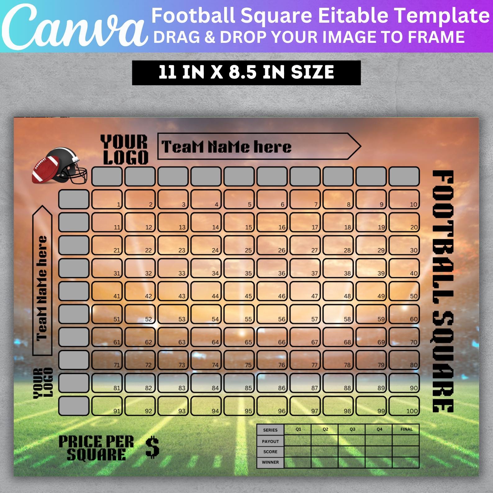 Football Squares Canva Editable Template, 100 Super Big Game Squares ...