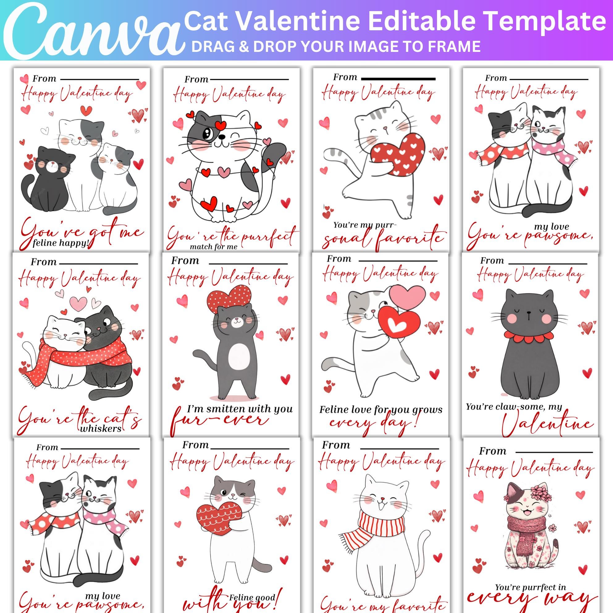 Printable Kitten Valentine's Day Cards, Canva Editable Cat Valentine ...