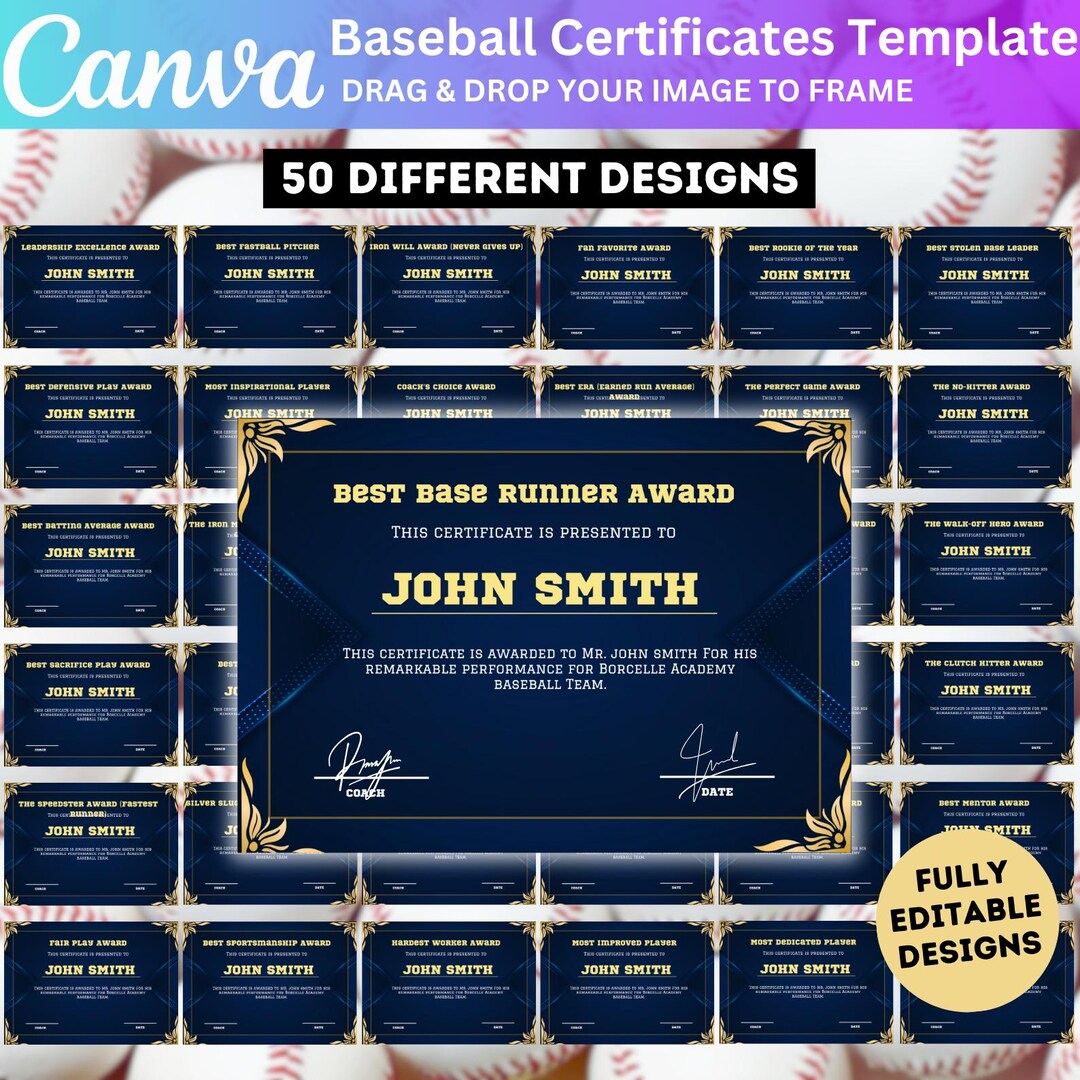 50 Baseball Certificates Canva Editable Template, Baseball Award ...