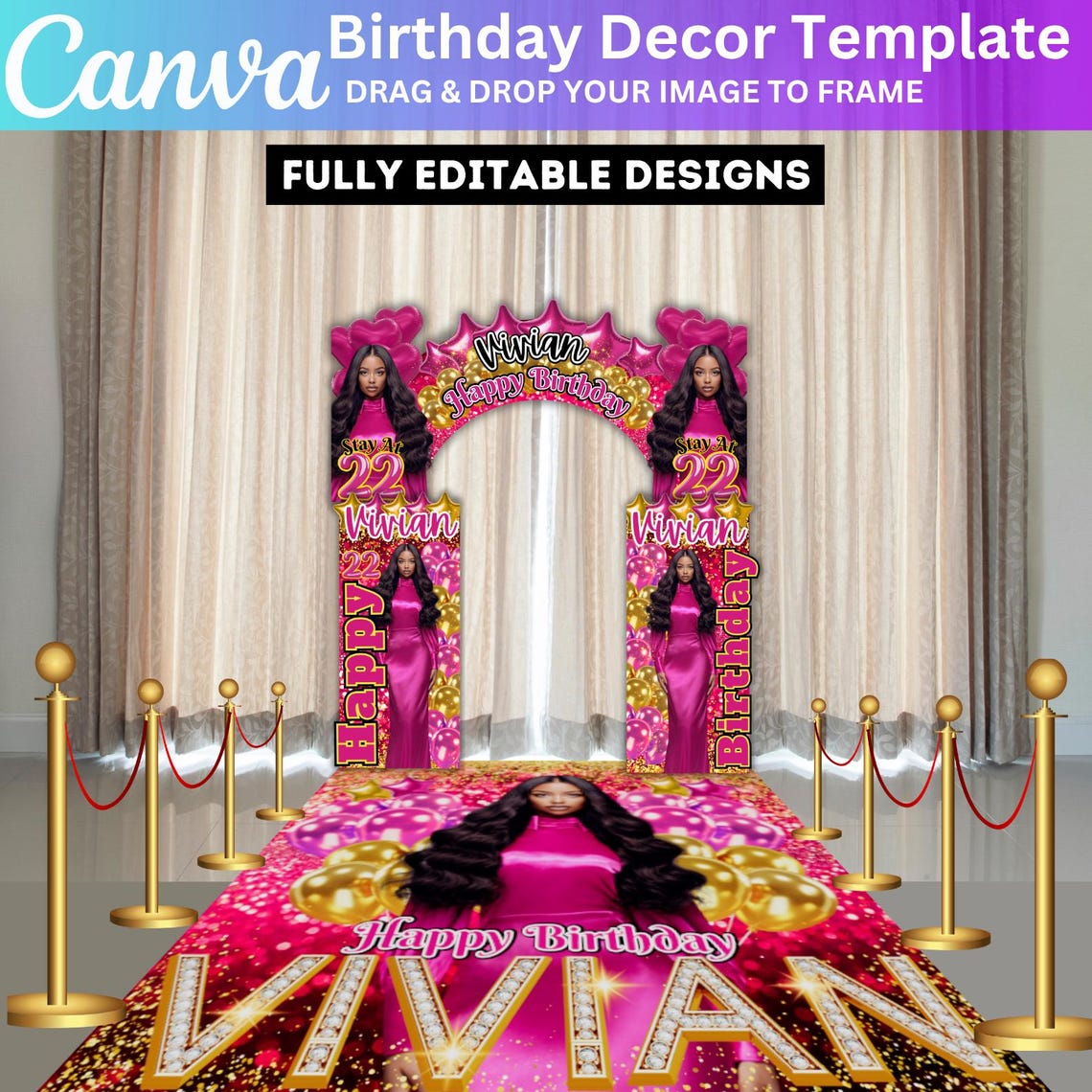 Pink Birthday Entrance Arch Bundle, Canva Editable Entrance Arch ...