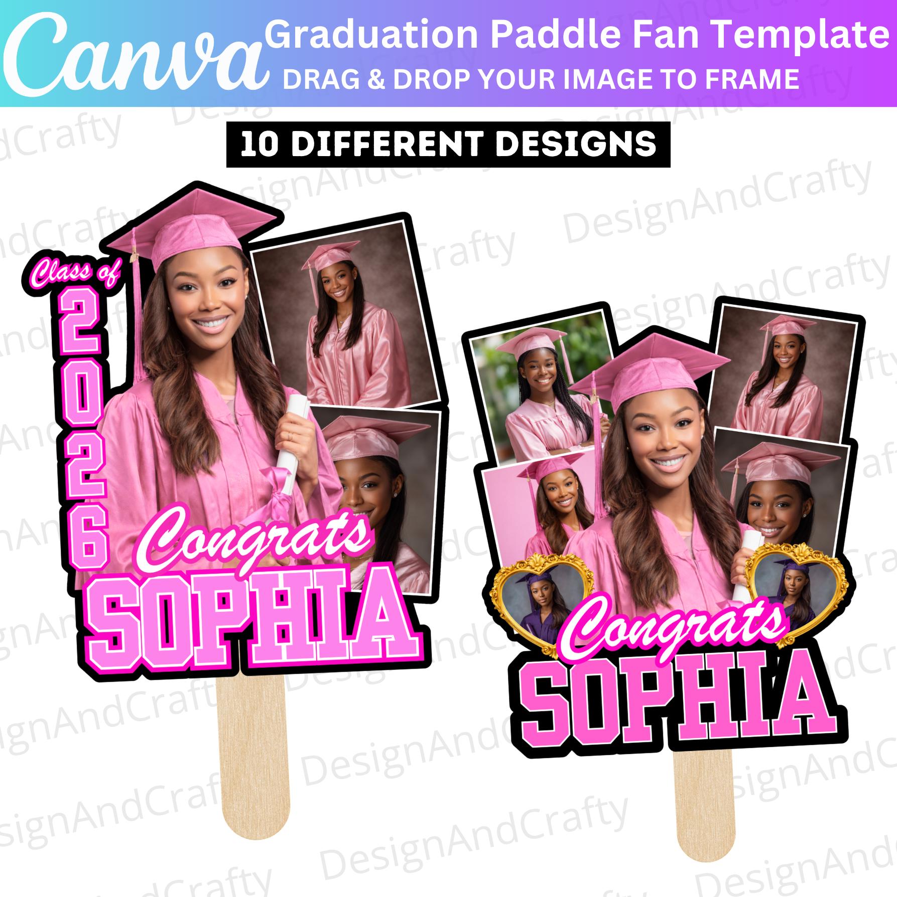 10 Pink Grad Fan Canva Editable Template, Custom Graduation Paddle Fan ...