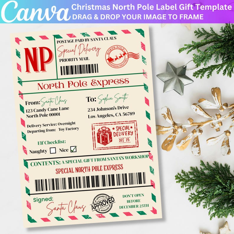 Editable North Pole Christmas Label Canva Template, Santa Mail Sticker ...