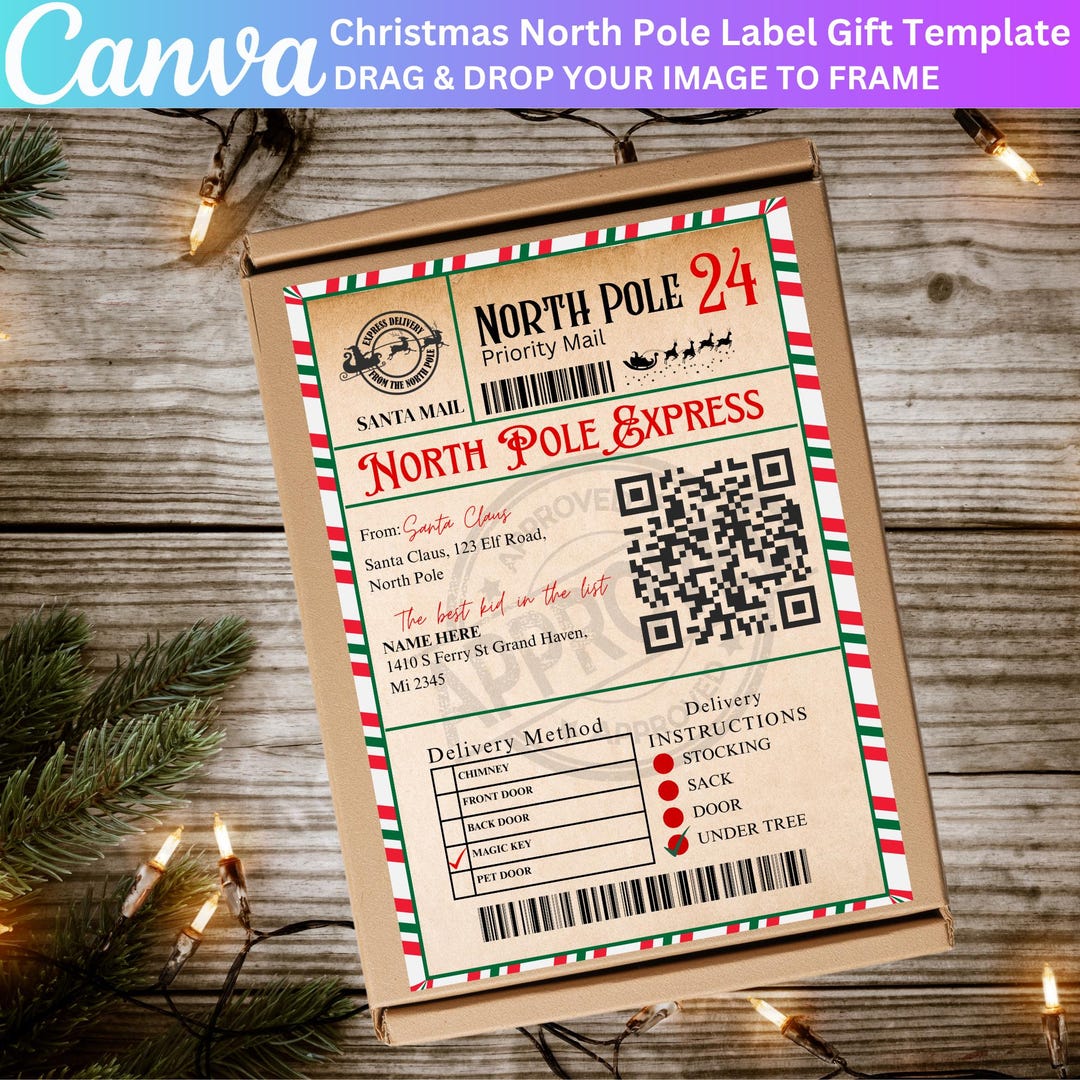 Editable North Pole Christmas Label Canva Template, Santa Mail Sticker ...