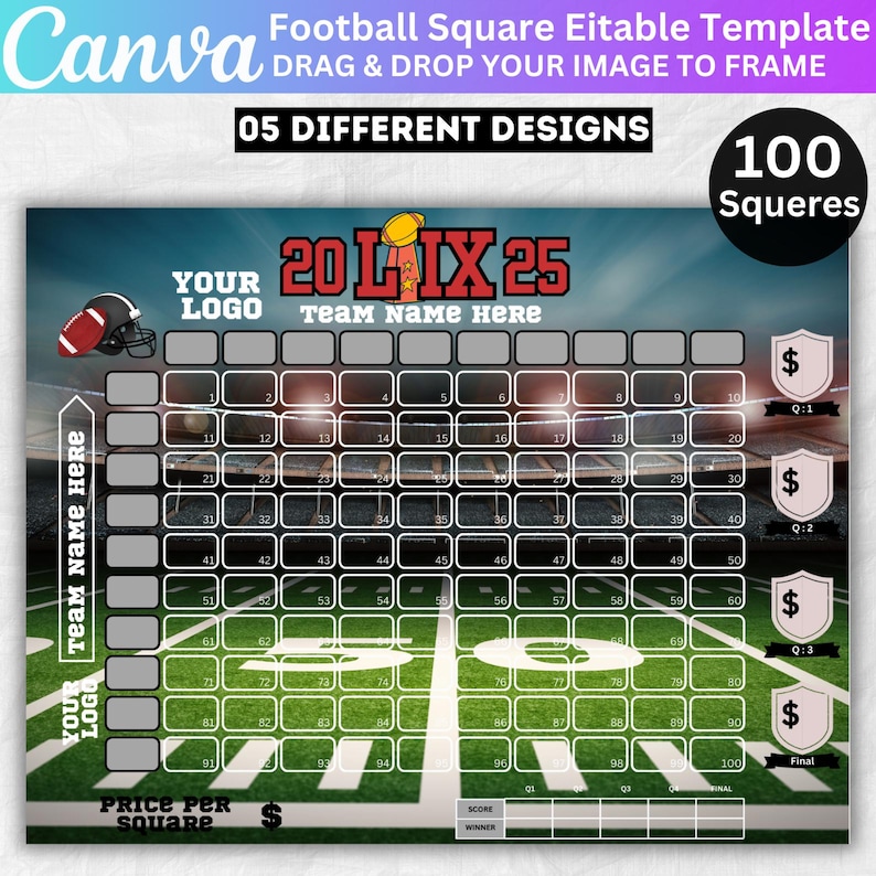 Football Squares Canva Editable Template, 100 Super Big Game Squares ...
