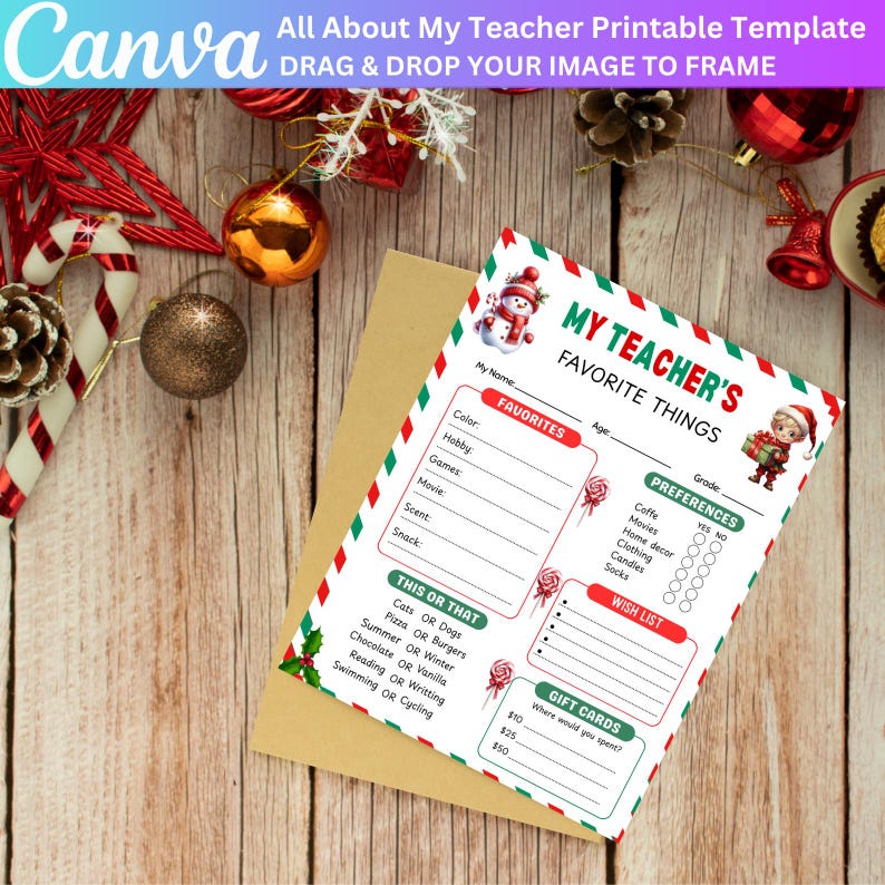 Teacher Christmas Wishlist Template, Christmas Teacher Favorite Things ...
