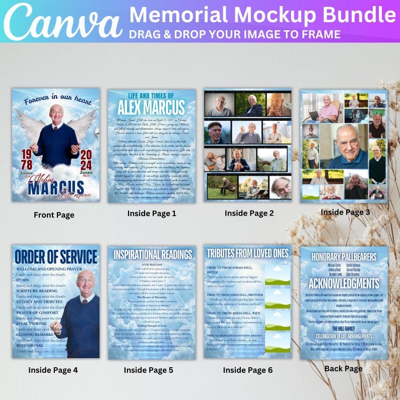 Blue Memorial Party Favor Canva Editable Bundle, Memorial Mockup Design ...
