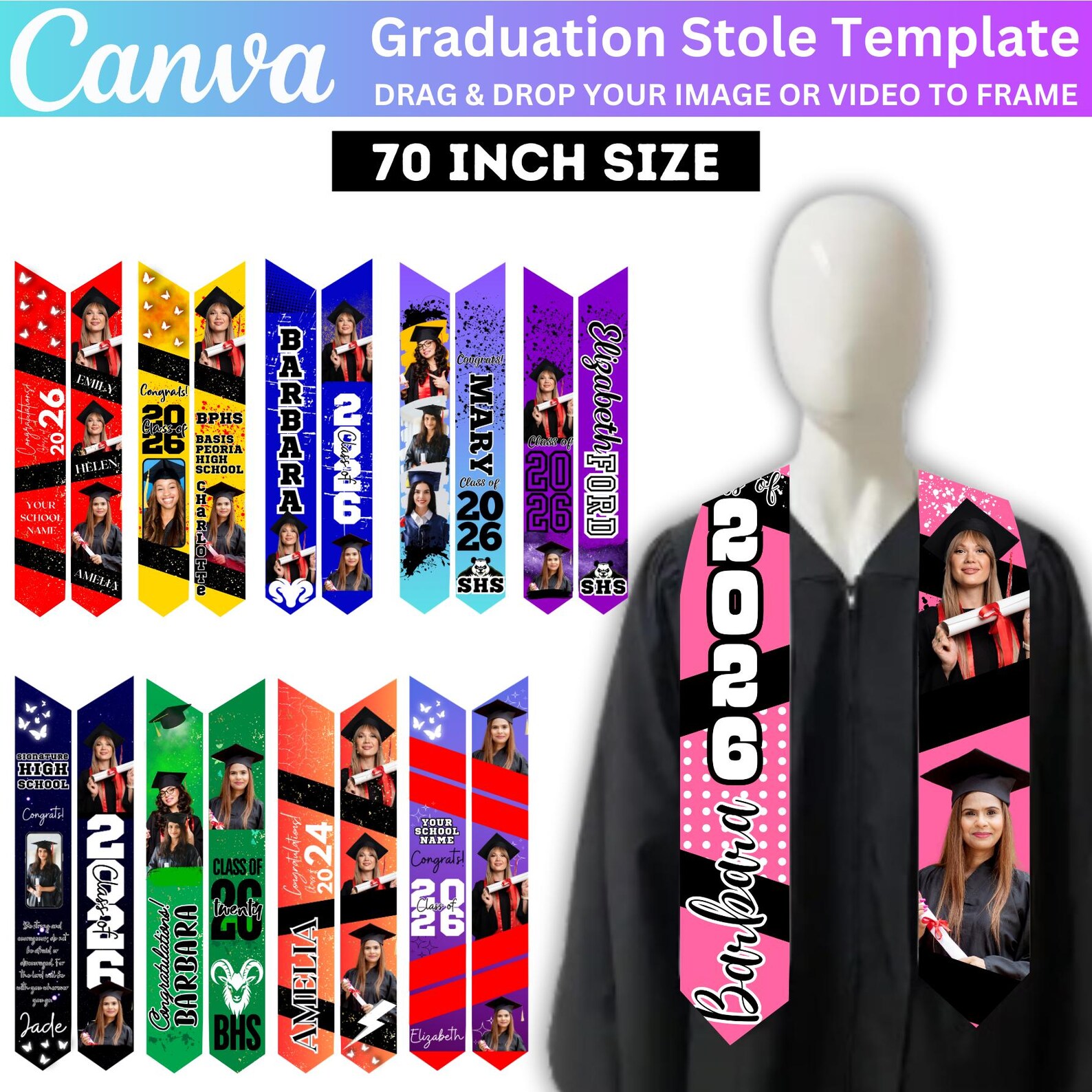 20 Graduation Stole Canva Editable Template Bundle, Graduation Sash ...