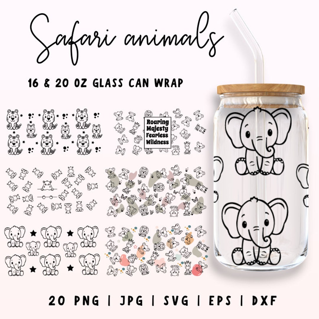 Cute Safari Animals Glass Can Wrap, Elephant Libbey Glass, 16oz & 20oz ...