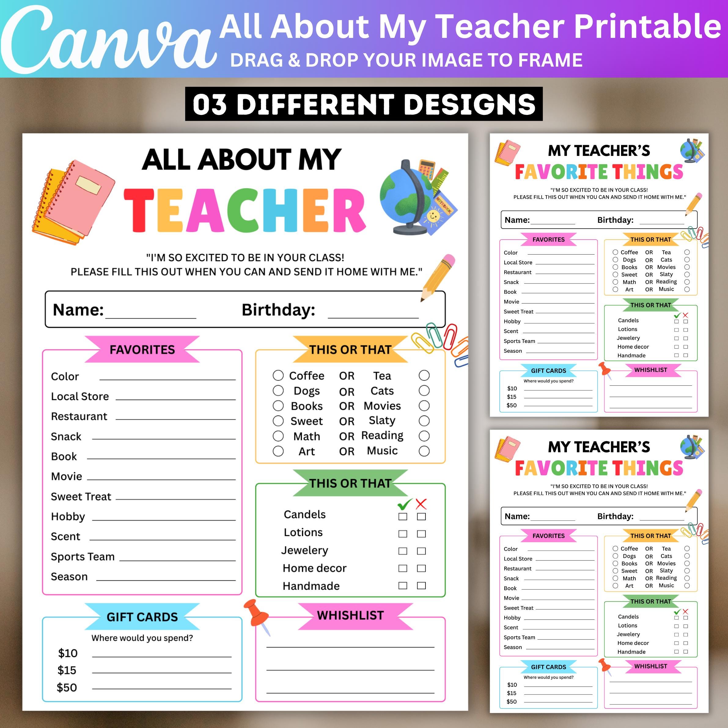 03 All About My Teacher Template, Canva Editable Teacher Favorite ...