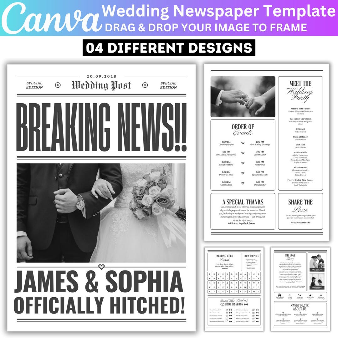 Wedding Newspaper Template, Canva Editable Folded Printable Wedding ...