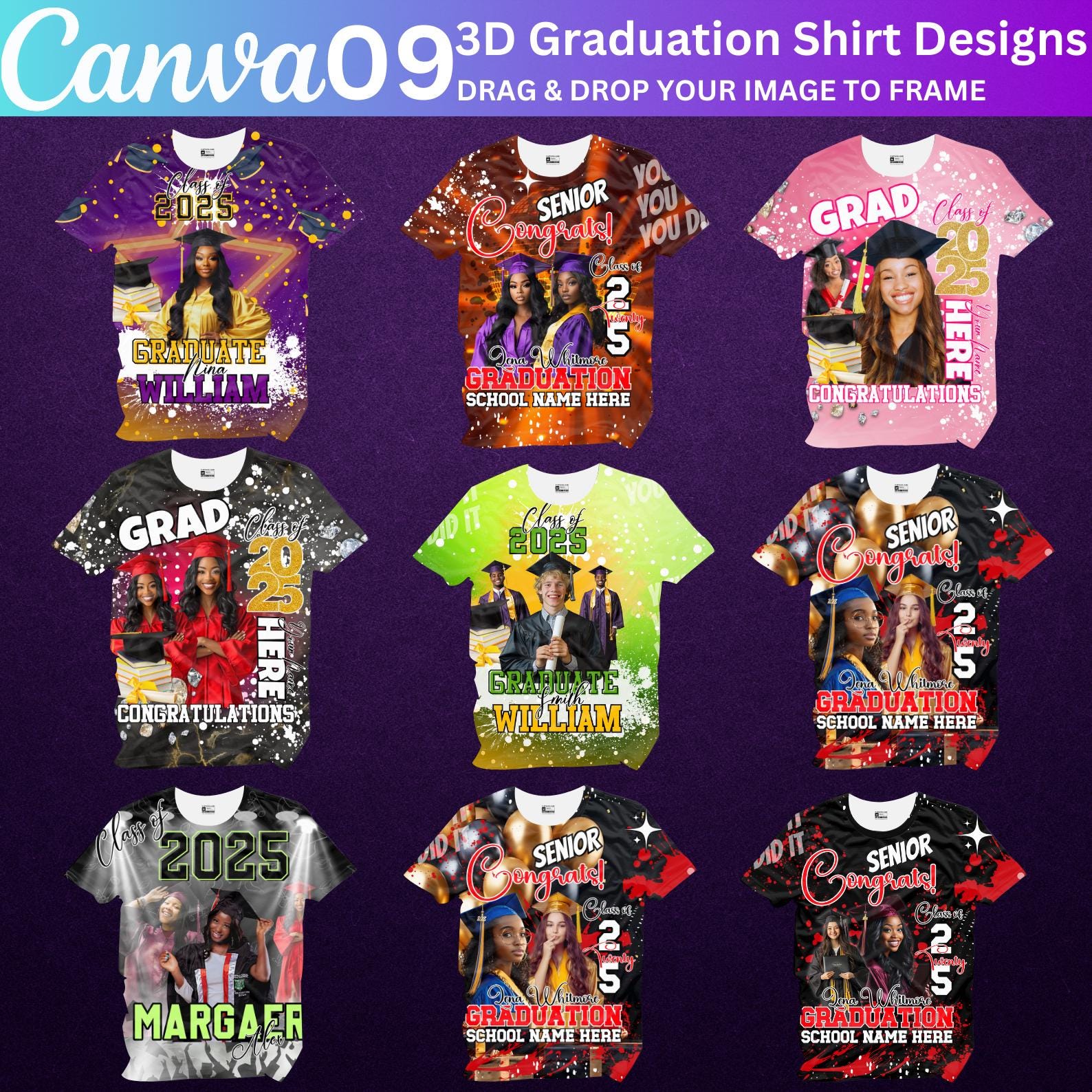 09 Graduation 3D Tee Shirt Designs Bundle, Grad 2025 Canva Editable T ...