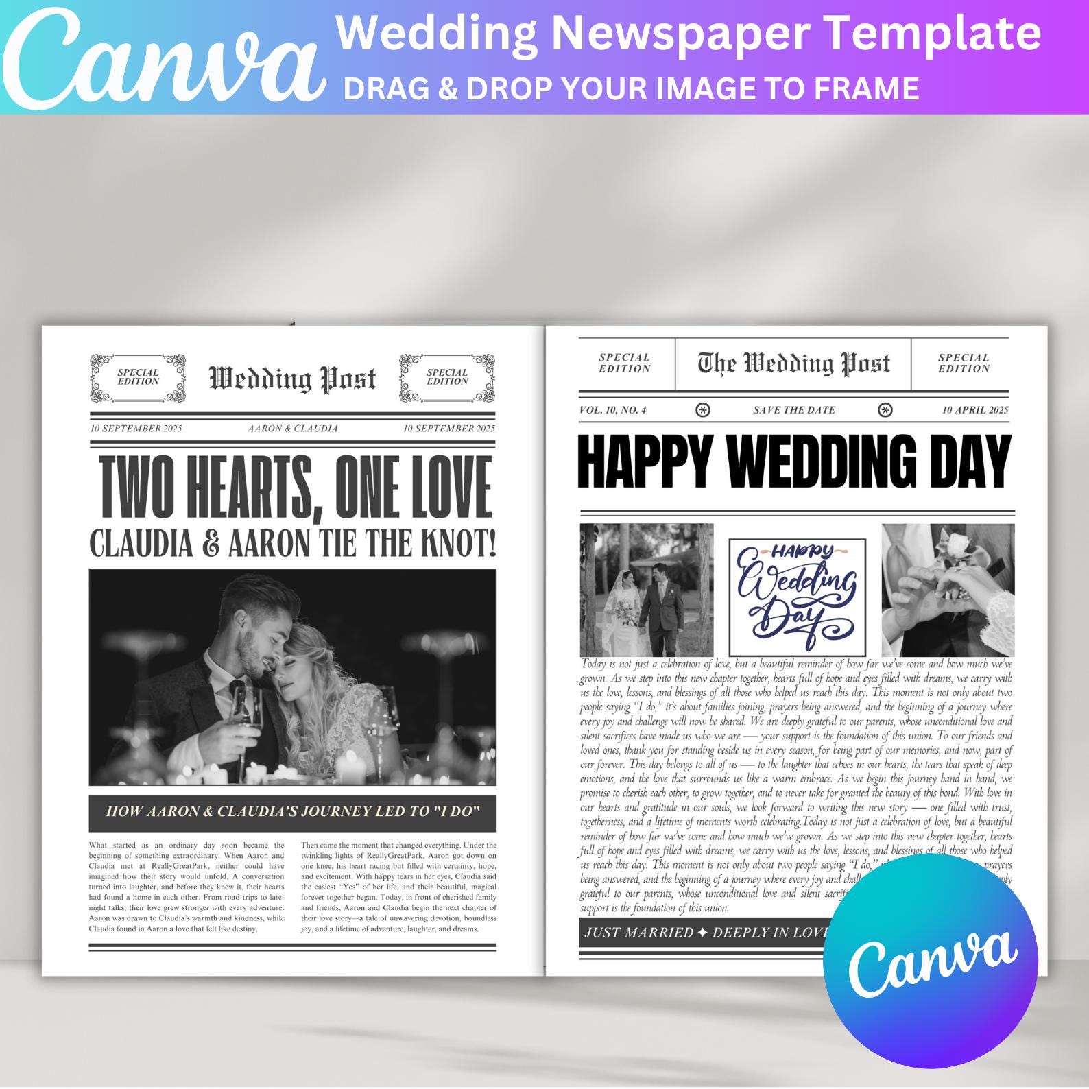 Wedding Newspaper Template Bundle, Canva Editable Folded Printable ...