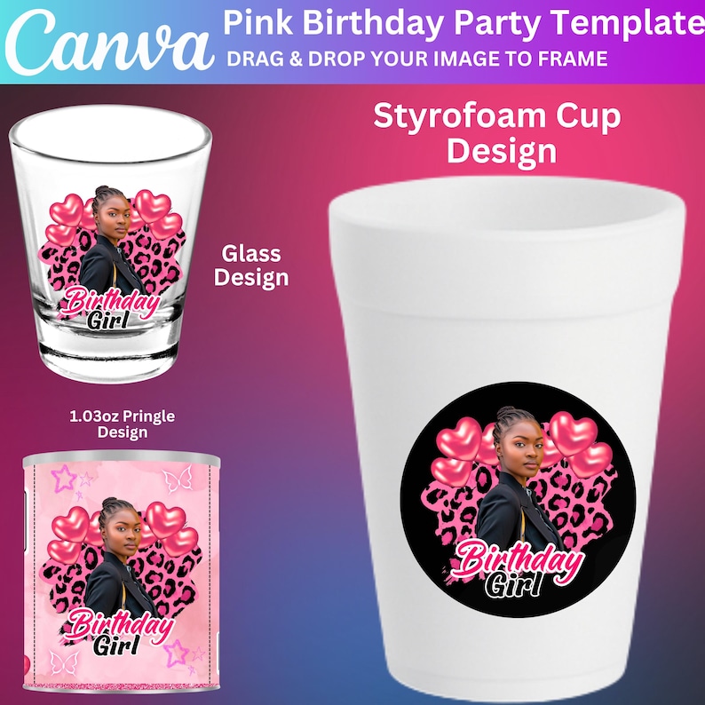Canva Editable Pink Birthday Party Designs, Birthday Party Cup Template ...