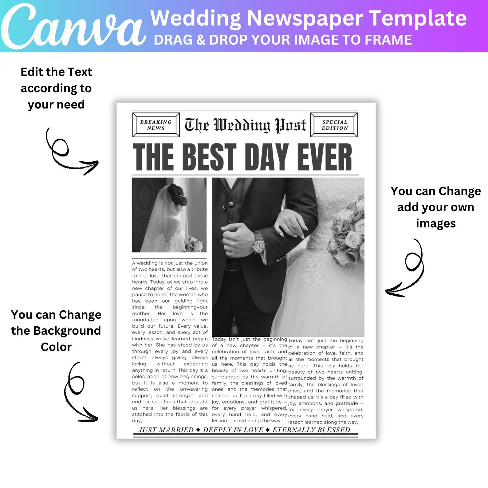 Wedding Newspaper Template Bundle, Canva Editable Folded Printable ...