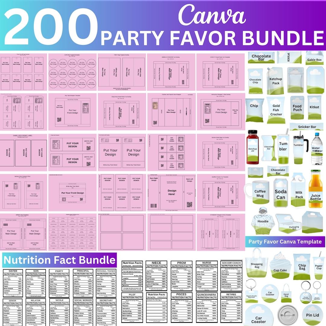 200+ Party Favor Template Bundle, Canva Editable Party Favor, Chip Bag ...