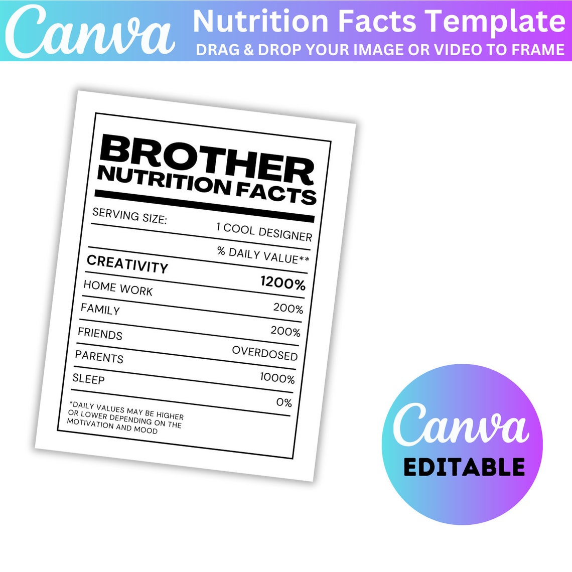 Nutrition Facts Template, Nutrition Fact Canva Template, Birthday ...