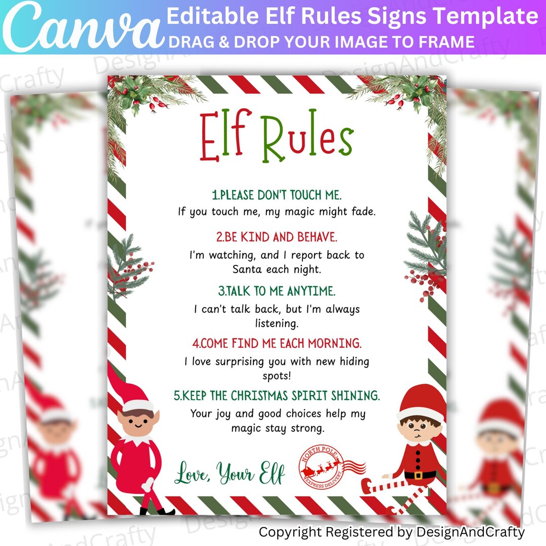 Elf Rules Card Canva Editable Template, Christmas Elf Rules Sign, Elf ...