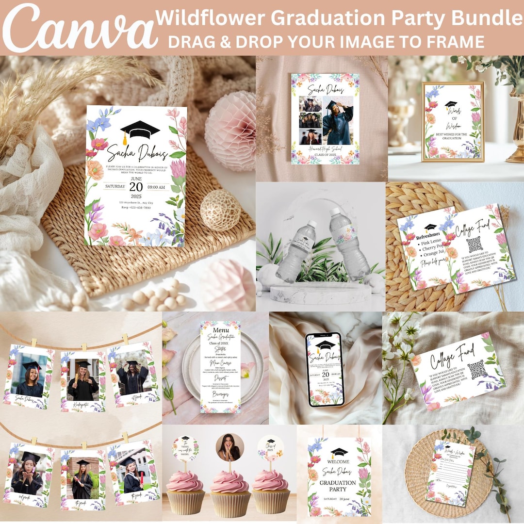 Wildflower Graduation Party Invitation Editable Canva Bundle ...