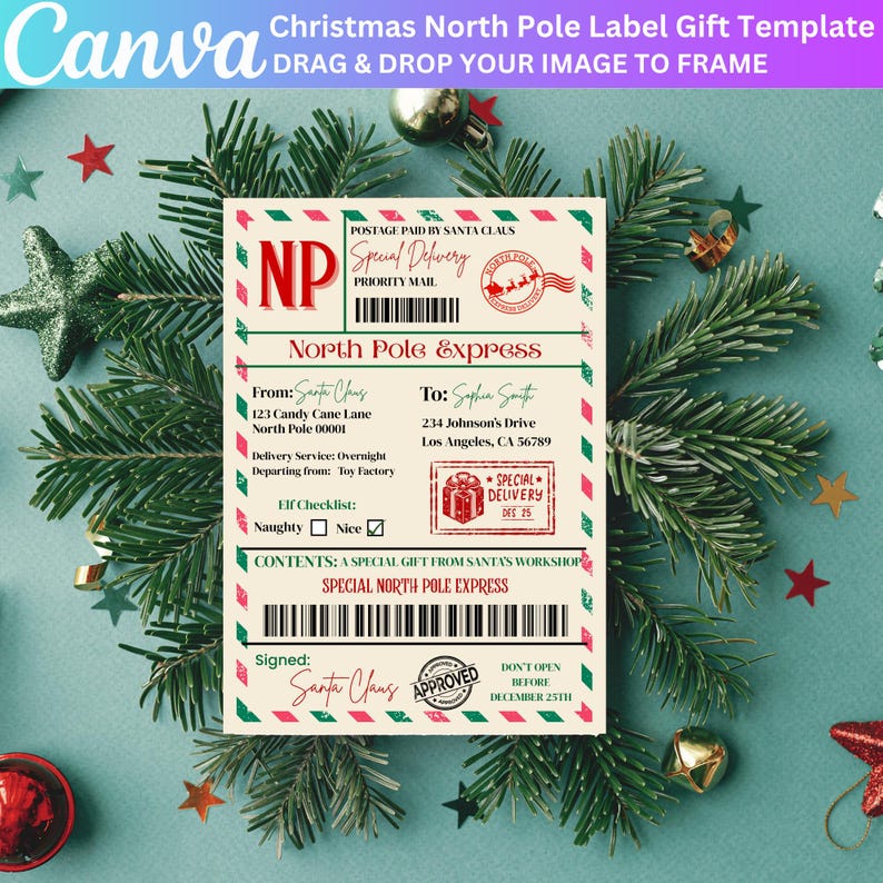 Editable North Pole Christmas Label Canva Template, Santa Mail Sticker ...