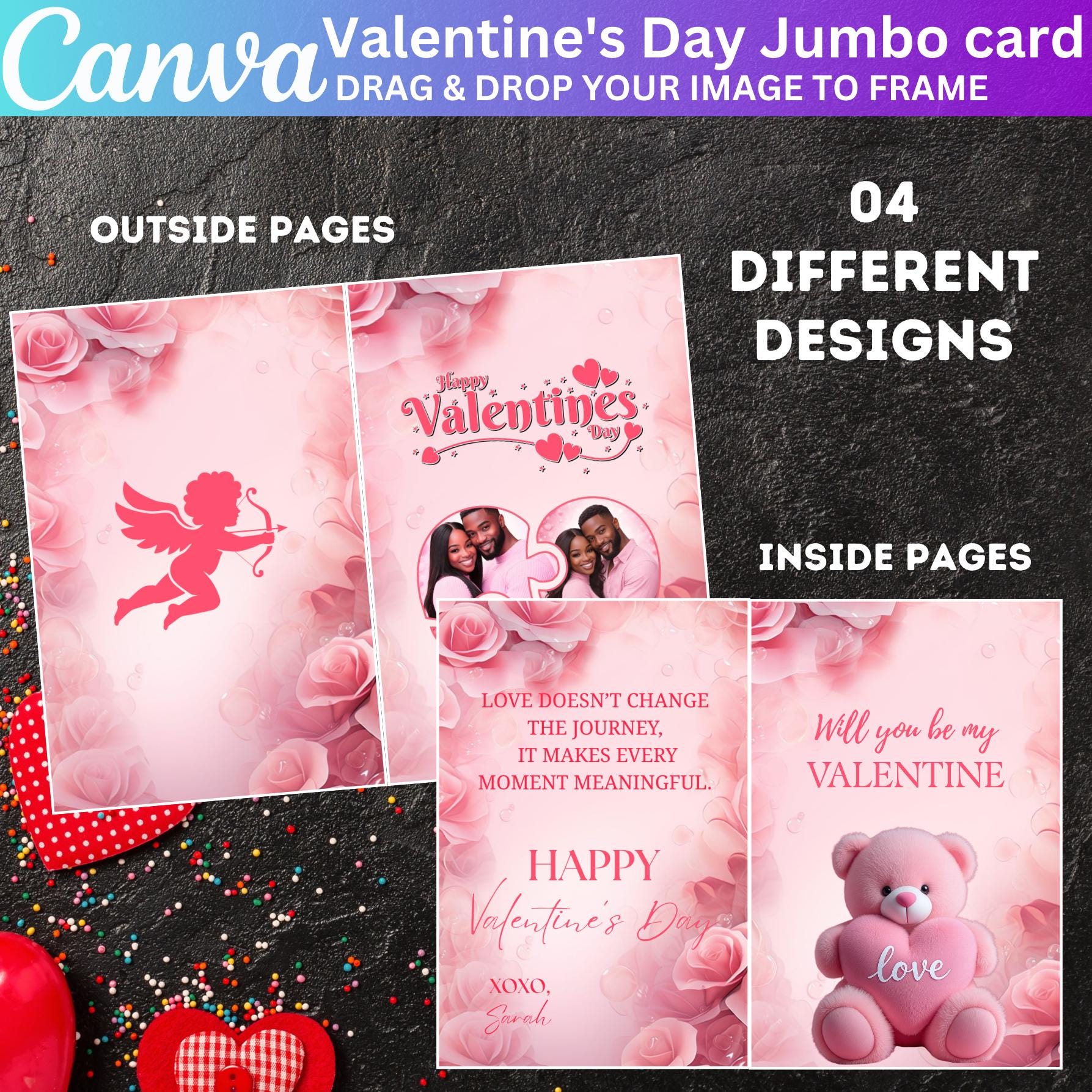 Pink Theme Jumbo Valentine's Day Card Template, Canva Editable ...