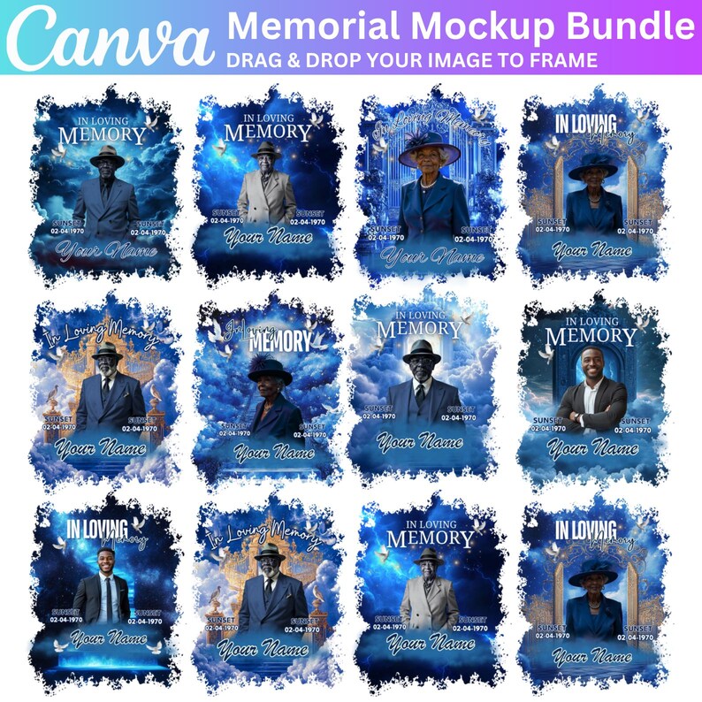 Blue Memorial Party Favor Canva Editable Bundle, Memorial Mockup Design ...