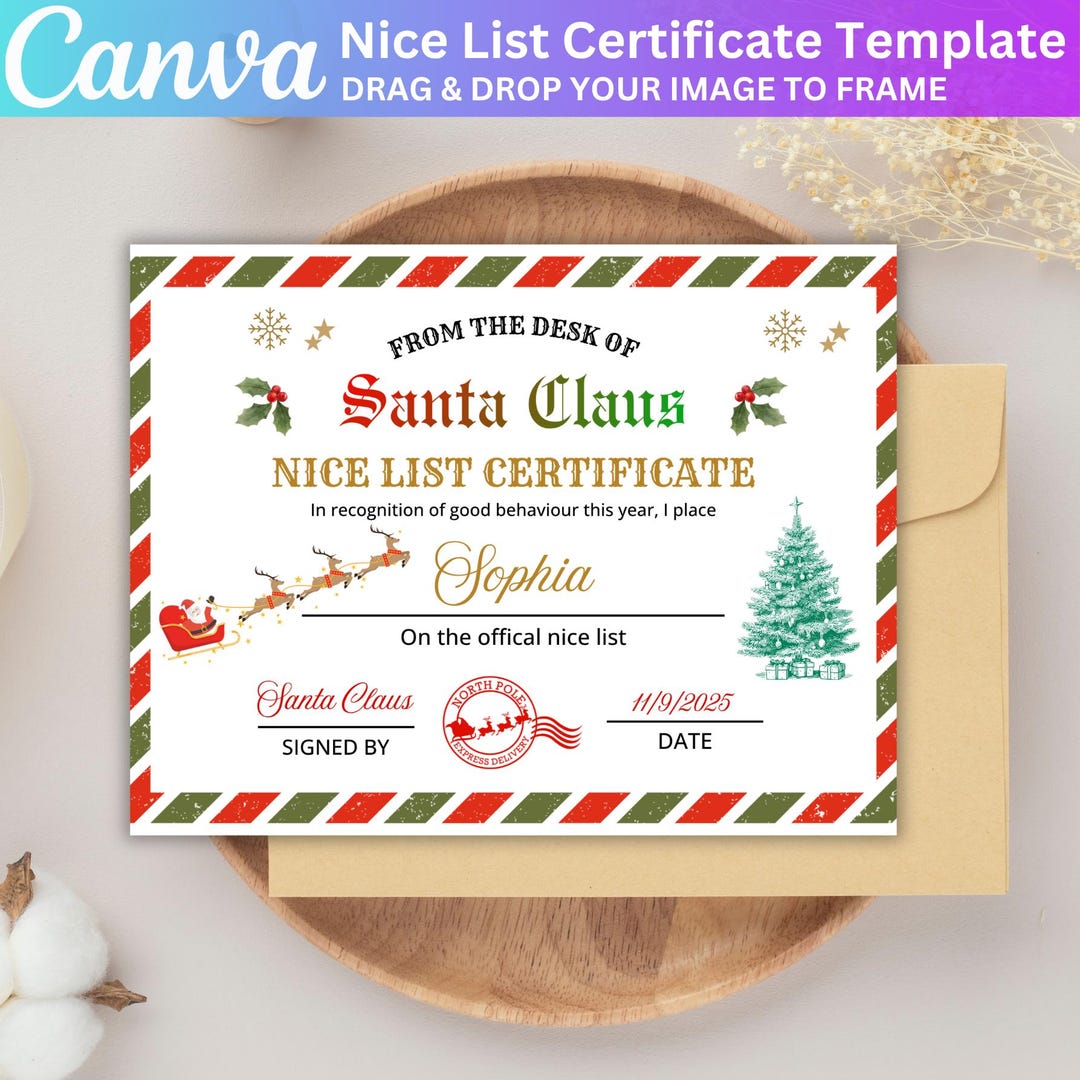 Santa's Official Nice List Certificate Canva Template, Editable Nice ...