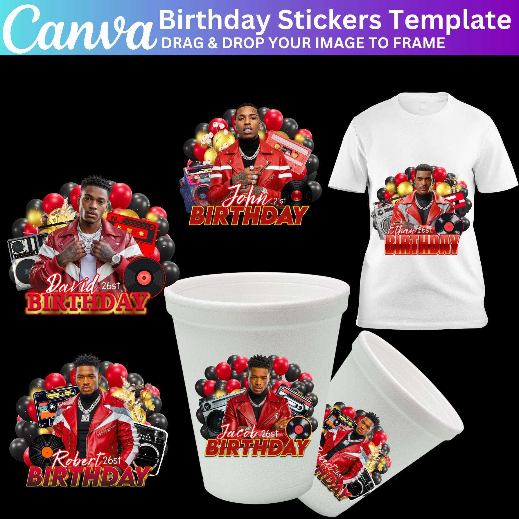 05 Men Birthday Party Cup Template, Canva Editable Birthday Shot Glass ...
