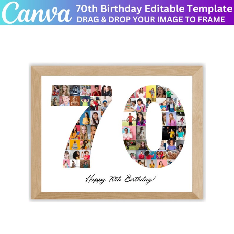 70th Birthday Photo Collage Canva Editable Template, 70 Number Birthday ...