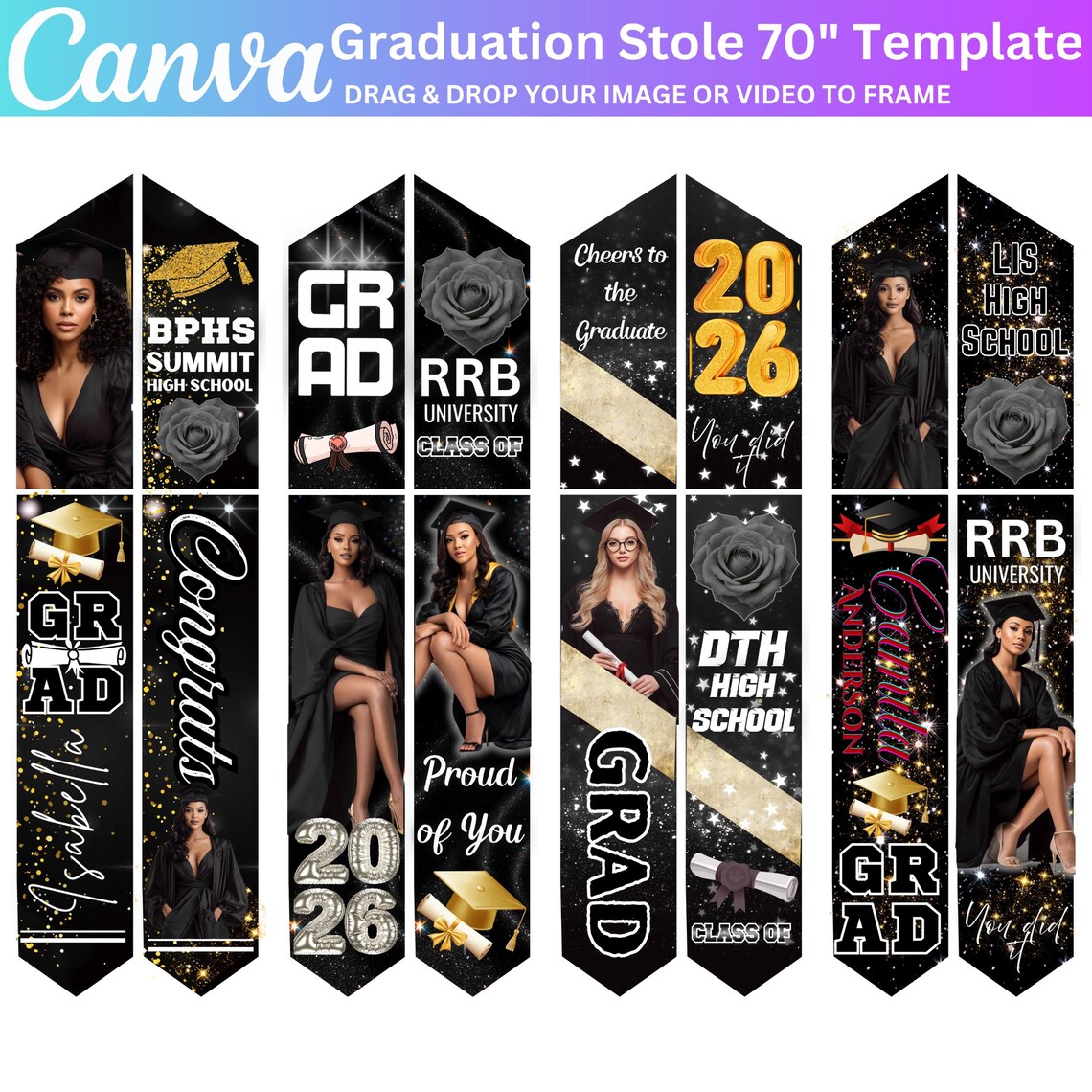10 Black Graduation Stole Canva Editable Template Bundle, Graduation ...