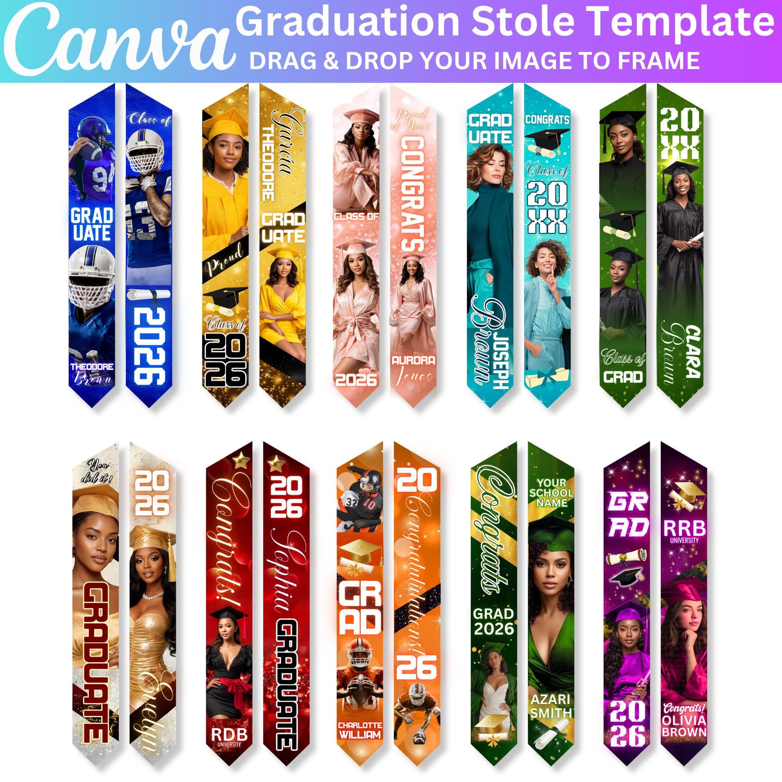 20 Graduation Stole Canva Editable Template Bundle, Graduation Sash ...
