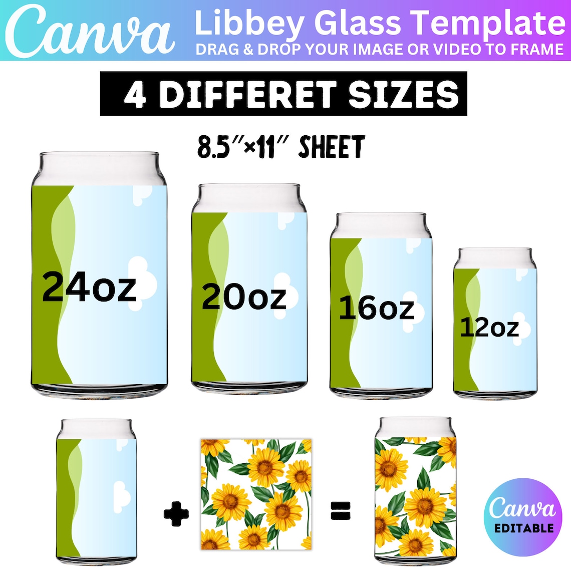 12oz 16oz 20oz 24oz Libbey Glass Canva Template, Full Wrap Libbey ...