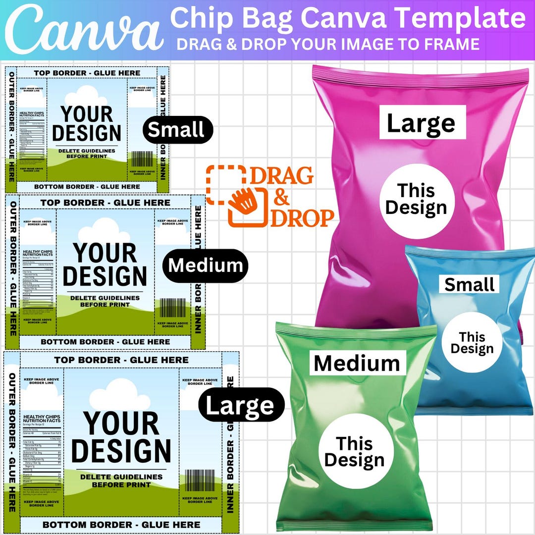 Chip Bag Templates, Chip Bag Label Bundle, 3 Sizes Chip Bag Editable ...