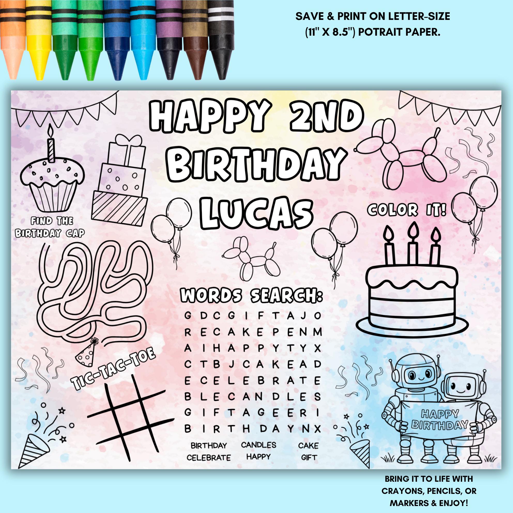 Birthday Coloring Placemat for Kids, Personalized Kids Activity ...