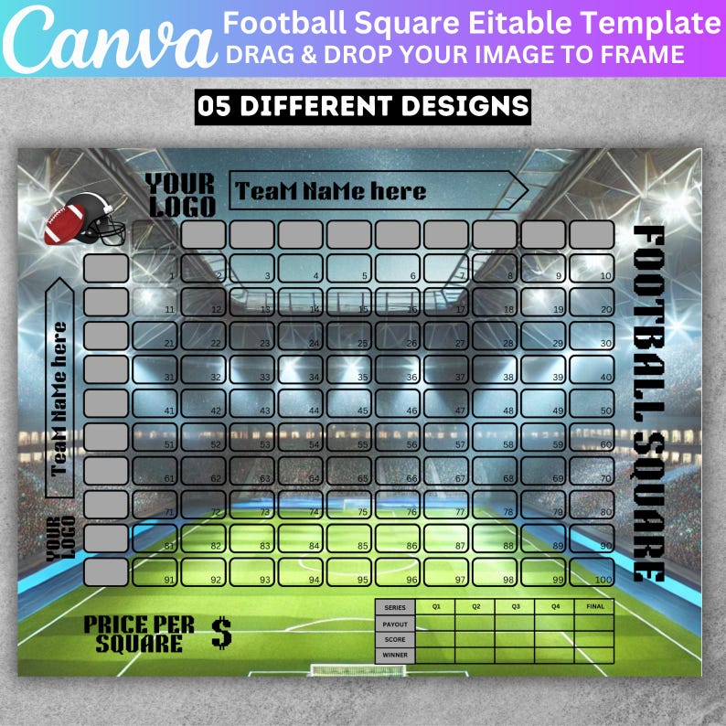 Football Squares Canva Editable Template, 100 Super Big Game Squares ...