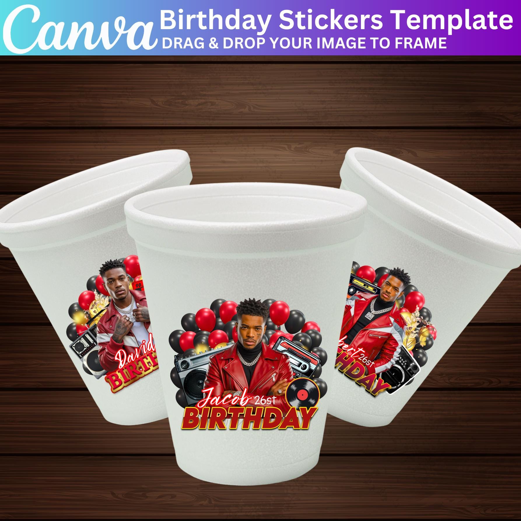 05 Men Birthday Party Cup Template, Canva Editable Birthday Shot Glass ...