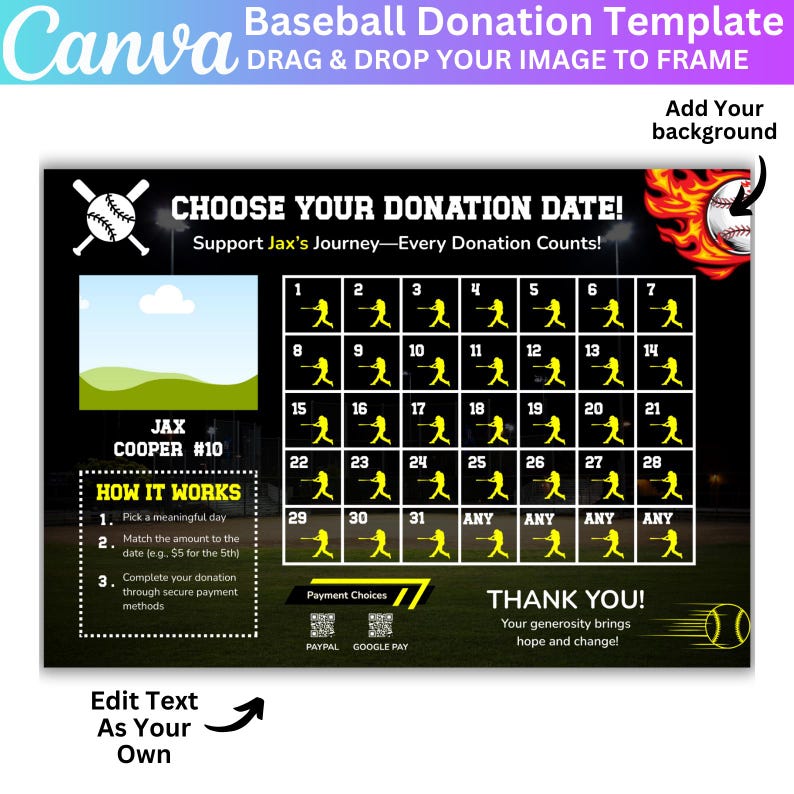 Baseball Fundraiser Calendar 2025 Canva Editable Template, Pick a Date ...