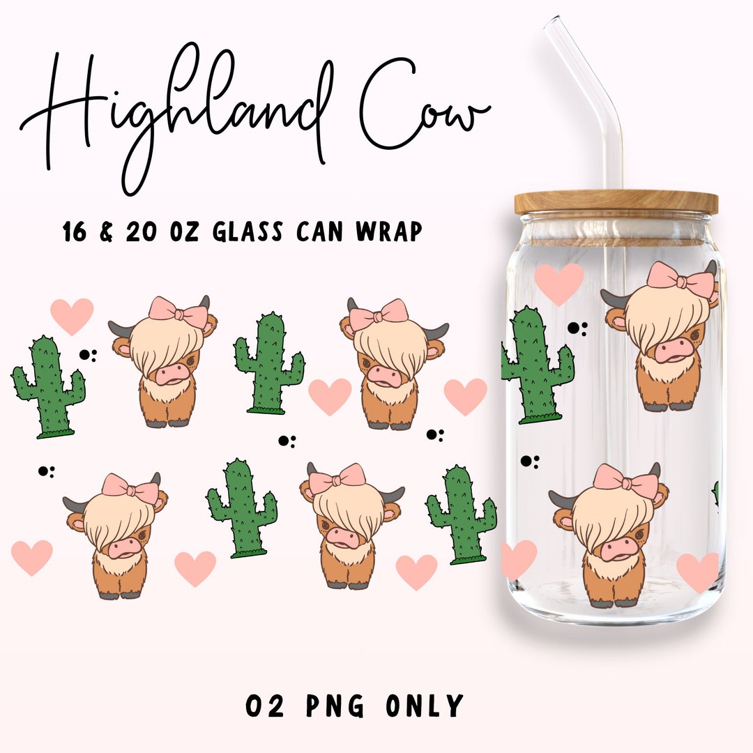 Highland Cow Libbey Glass Wrap PNG, 16oz & 20oz Highland Cow, Floral ...