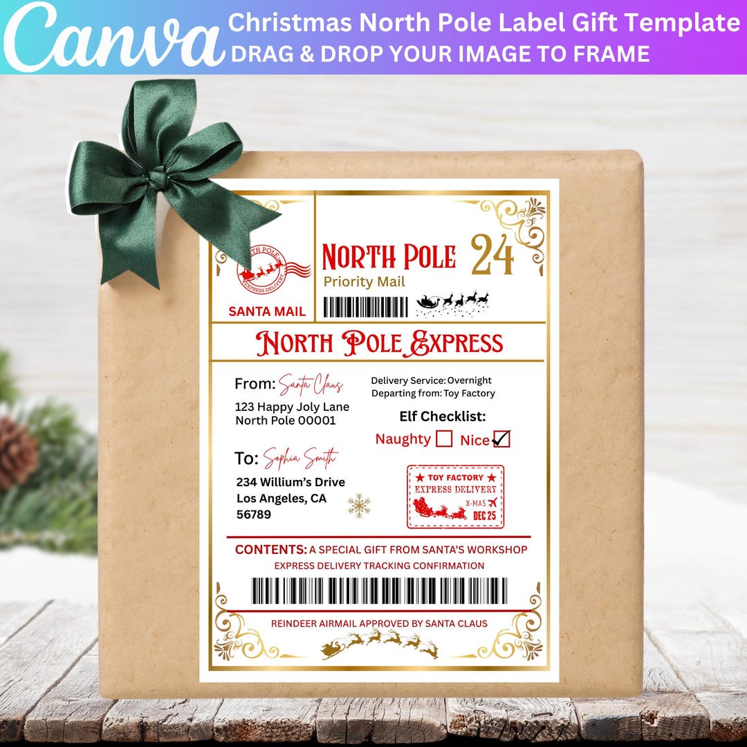 Editable North Pole Christmas Label Canva Template, Santa Mail Sticker ...