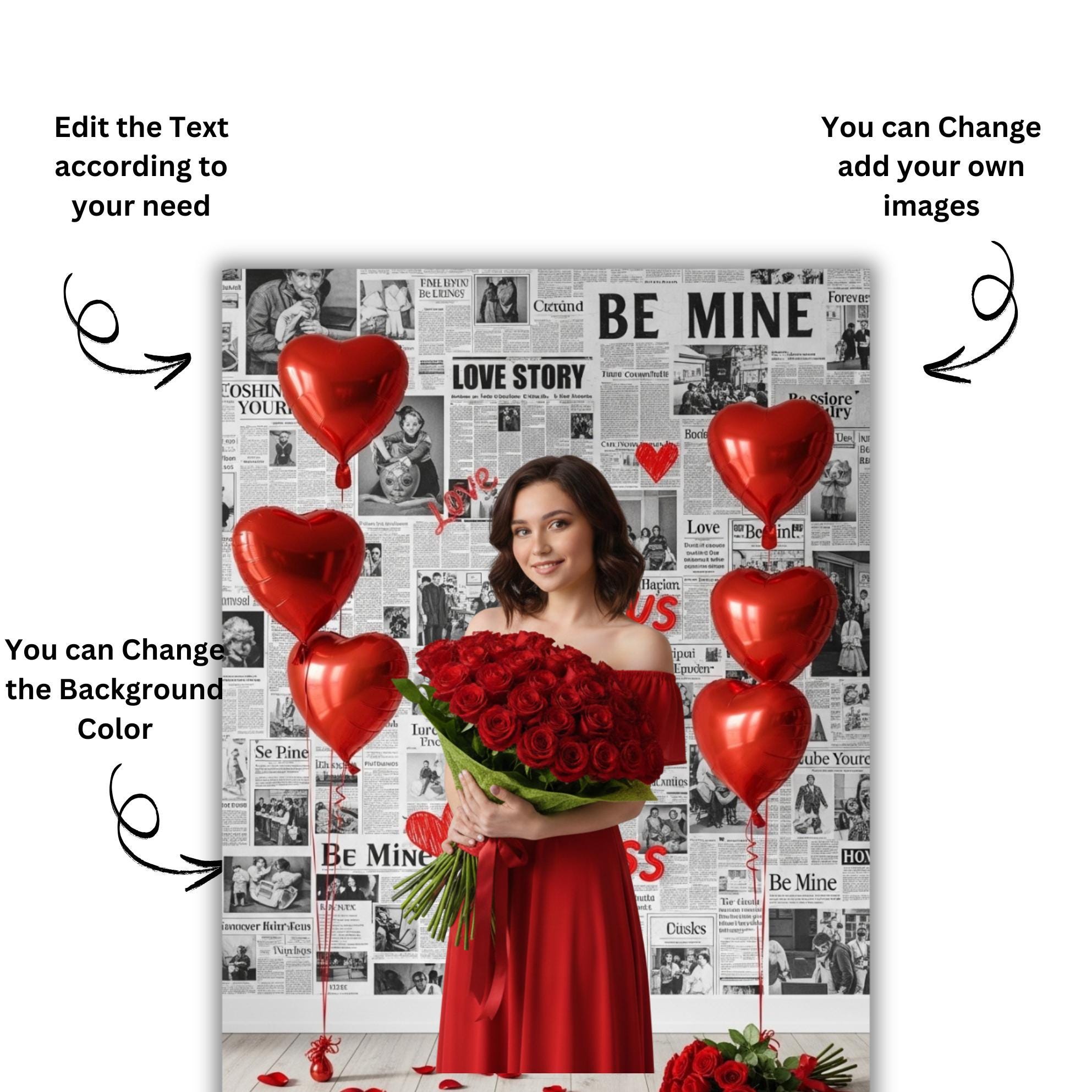 04 Valentine Newspaper Backdrop PNG Designs, Floating Heart Balloon ...