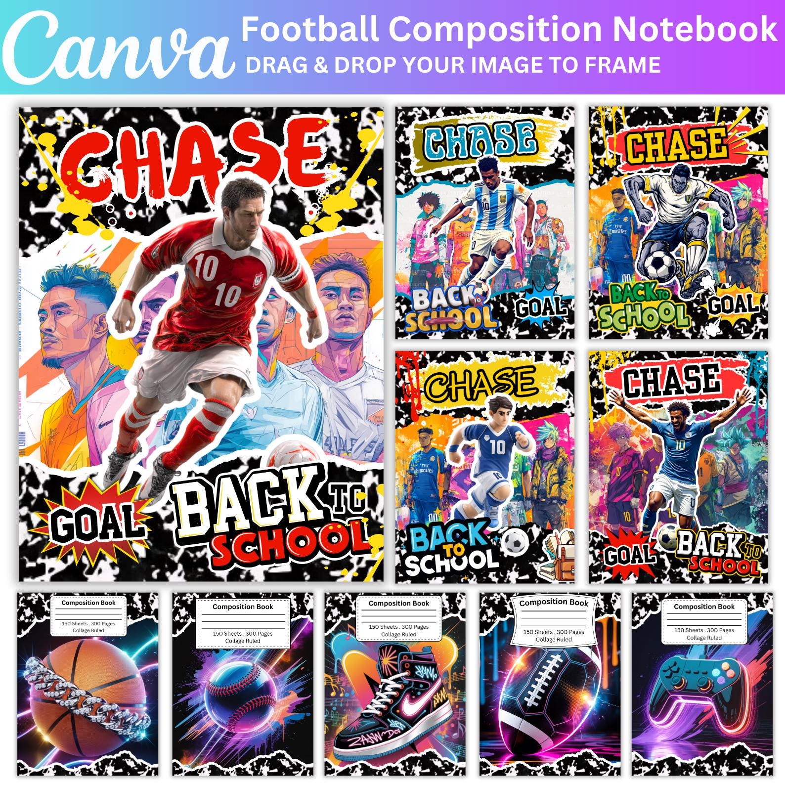 10 Football Composition Book Cover Canva Editable Designs, Composition ...