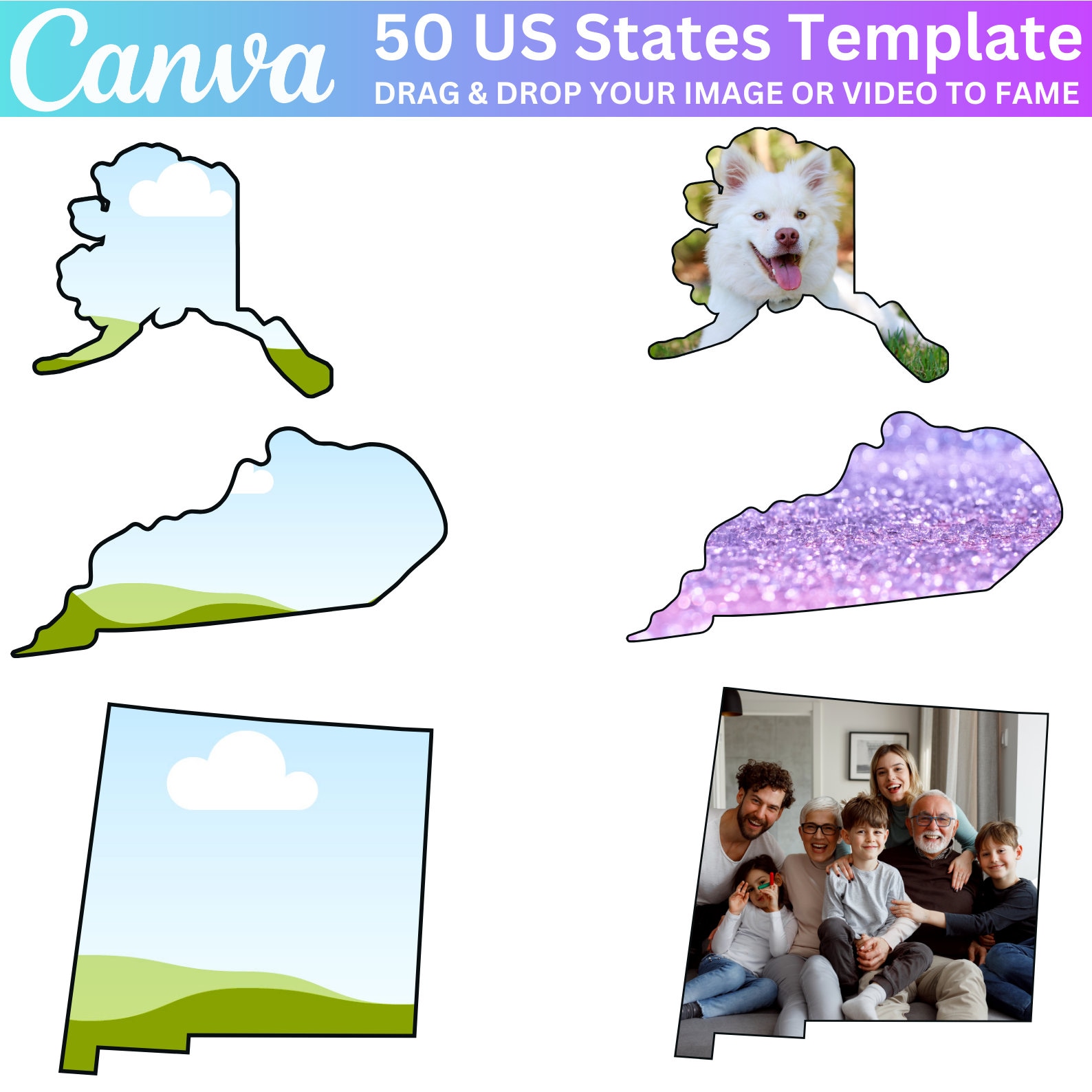 50 USA States Custom Canva Frames, Individual State Design, Editable ...