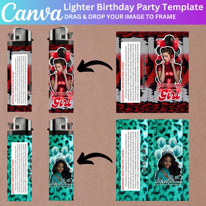 Birthday Lighter Template, Canva Editable Girl Birthday Party Favor ...