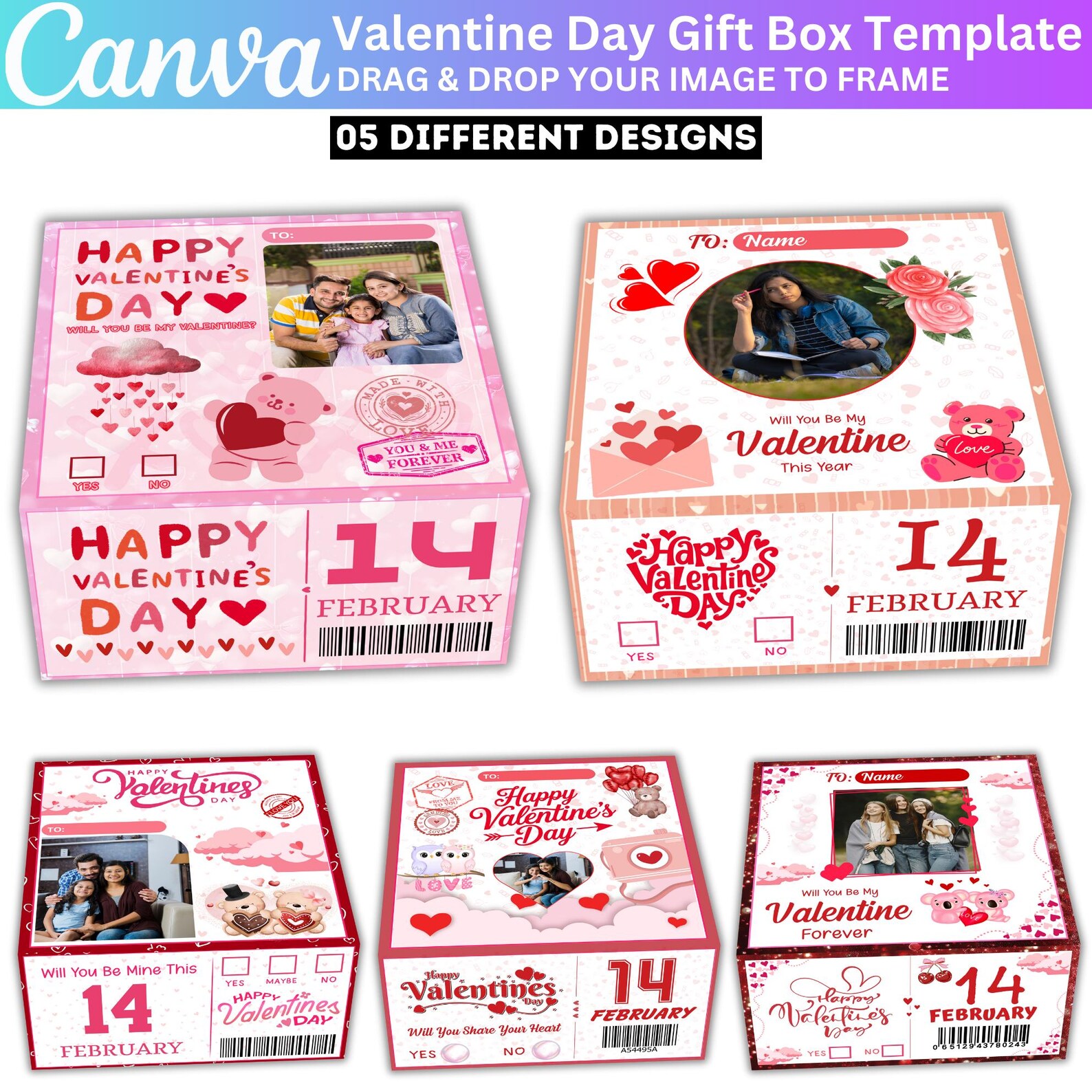 05 Valentine Love Box Template Labels, Valentine's Day Gift Box 8X8X4 ...