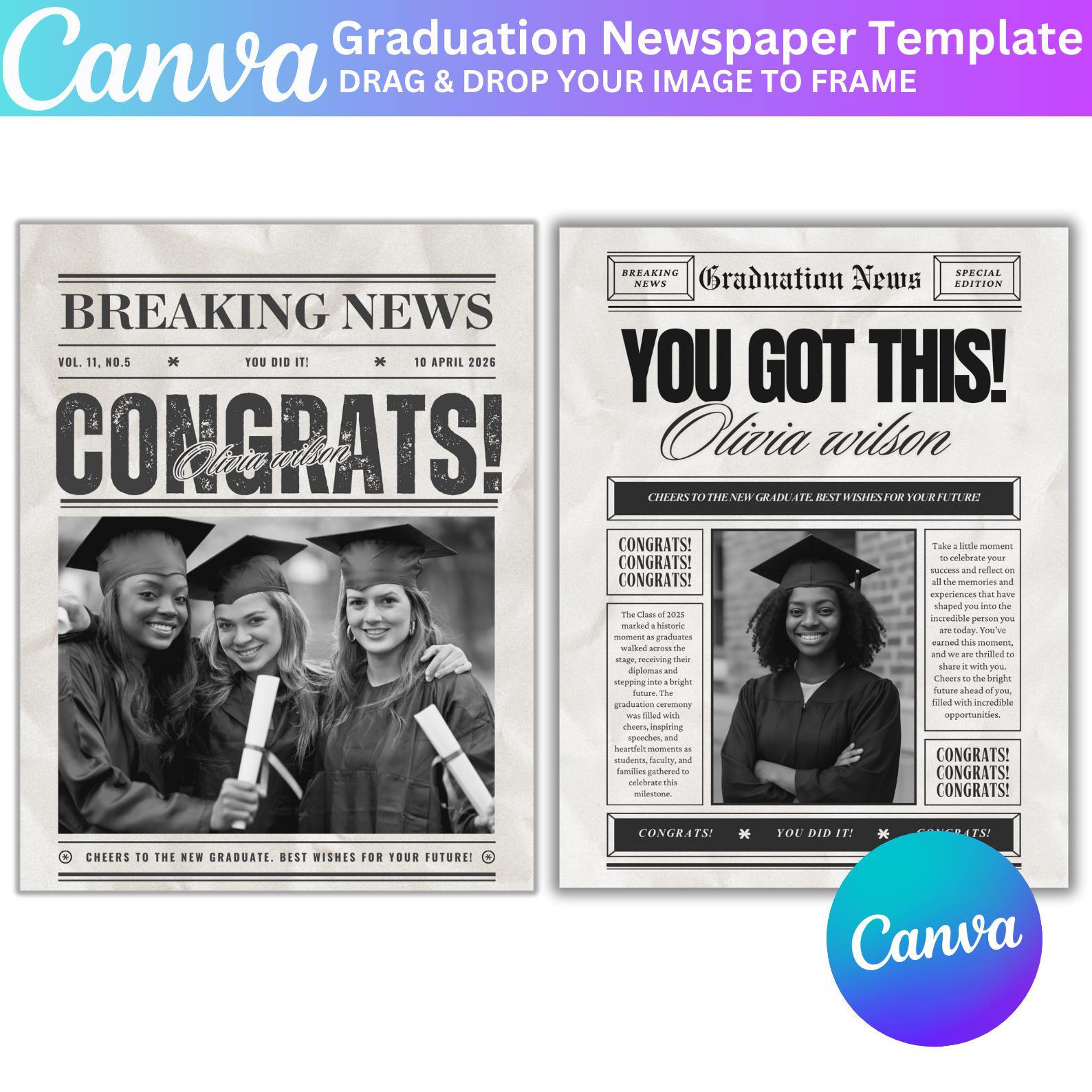 Graduation Newspaper Canva Editable Template Bundle, Senior Class of ...