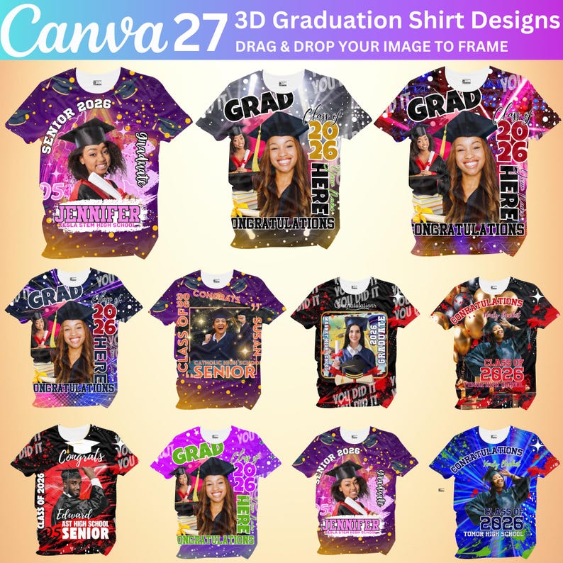 27 Graduation 3D Tee Shirt Designs Bundle, Grad 25 Canva Editable T ...