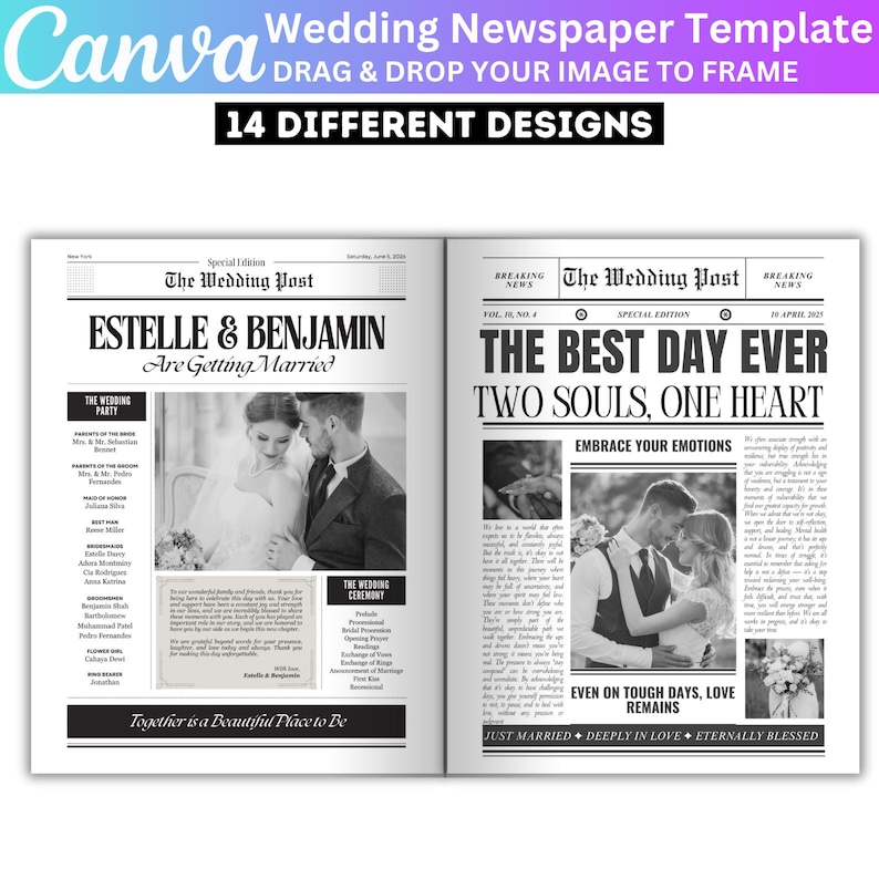Wedding Newspaper Template Bundle, Canva Editable Folded Printable ...